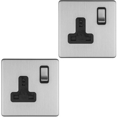 2 PACK 1 Gang DP 13A Switched UK Plug Socket SCREWLESS SATIN STEEL Wall ...