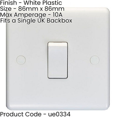 2 PACK 1 Gang Single 10A Light Switch 1 Way - WHITE PLASTIC Wall Plate ...