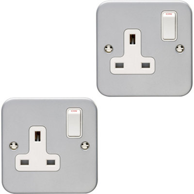 2 PACK 1 Gang Single 13A Switched UK Plug Socket HEAVY DUTY METAL CLAD ...