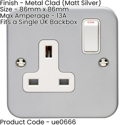 2 PACK 1 Gang Single 13A Switched UK Plug Socket HEAVY DUTY METAL CLAD ...