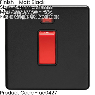 2 PACK 1 Gang Single 45A DP Cooker Switch & Neon SCREWLESS MATT BLACK ...