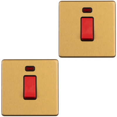 2 PACK 1 Gang Single 45A DP Cooker Switch & Neon SCREWLESS SATIN BRASS ...