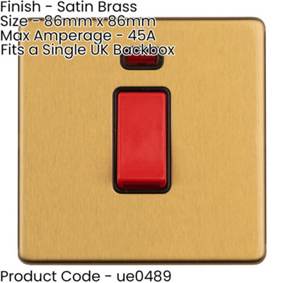 2 PACK 1 Gang Single 45A DP Cooker Switch & Neon SCREWLESS SATIN BRASS ...
