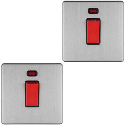 2 PACK 1 Gang Single 45A DP Cooker Switch & Neon SCREWLESS SATIN STEEL ...