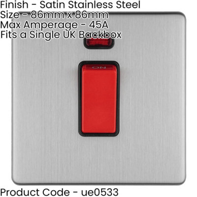 2 PACK 1 Gang Single 45A DP Cooker Switch & Neon SCREWLESS SATIN STEEL ...