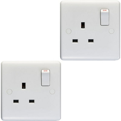 2 PACK 1 Gang Single Pole 13A Switched UK Plug Socket - WHITE Wall ...