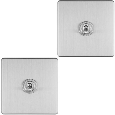 2 PACK 1 Gang Single Retro Toggle Light Switch SCREWLESS SATIN STEEL ...