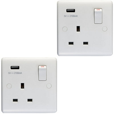 2 PACK 1 Gang Single UK Plug Socket & 2.1A USB-A Charger WHITE 13A ...