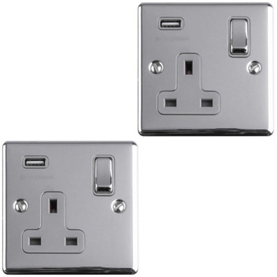 2 PACK 1 Gang Single UK Plug Socket & 2.1A USB-A CHROME & GREY 13A ...
