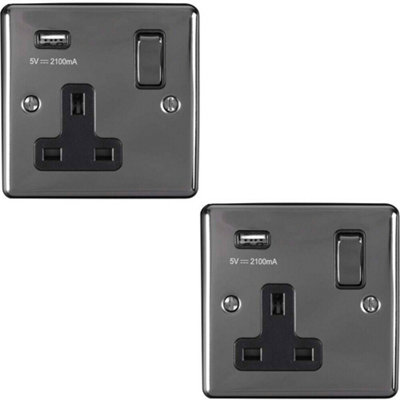 2 PACK 1 Gang Single UK Plug Socket & 2.1A USB BLACK NICKEL & Black 13A ...