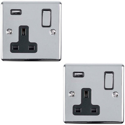2 PACK 1 Gang Single UK Plug Socket & 2.1A USB CHROME & Black 13A ...