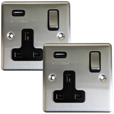 2 PACK 1 Gang Single UK Plug Socket & 2.1A USB SATIN STEEL & Black 13A ...