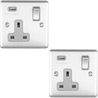 2 PACK 1 Gang Single UK Plug Socket & 2.1A USB SATIN STEEL & Grey 13A ...
