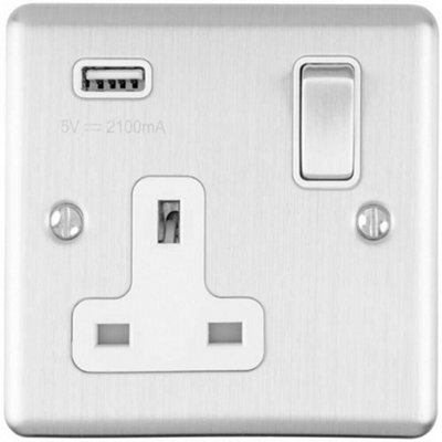 2 PACK 1 Gang Single UK Plug Socket & 2.1A USB SATIN STEEL & White 13A ...