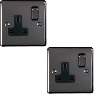 2 PACK 1 Gang Single UK Plug Socket BLACK NICKEL 13A Switched Power Outlet