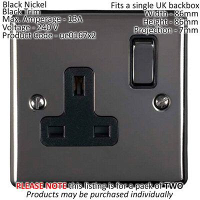 2 PACK 1 Gang Single UK Plug Socket BLACK NICKEL 13A Switched Power Outlet