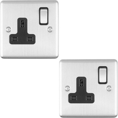 2 PACK 1 Gang Single UK Plug Socket SATIN STEEL 13A Switched Black Trim ...