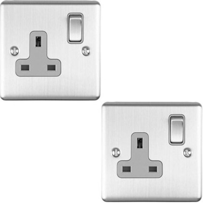 2 PACK 1 Gang Single UK Plug Socket SATIN STEEL 13A Switched Grey Trim ...