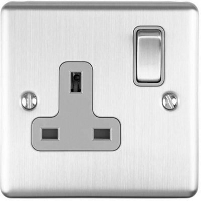 2 PACK 1 Gang Single UK Plug Socket SATIN STEEL 13A Switched Grey Trim ...