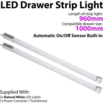 2-Pack 1000mm LED Drawer Lights with PIR Sensor for Kitchen Cupboards