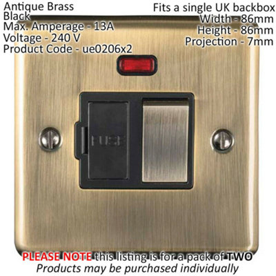 2 PACK 13A DP Switched Fuse Spur & Neon Light ANTIQUE BRASS & Black ...