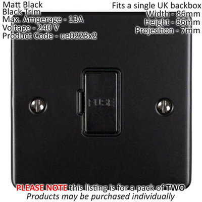 2 PACK 13A DP Unswitched Fuse Spur MATT BLACK Black Mains Isolation ...
