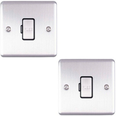 2 PACK 13A DP Unswitched Fuse Spur SATIN STEEL Black Mains Isolation ...