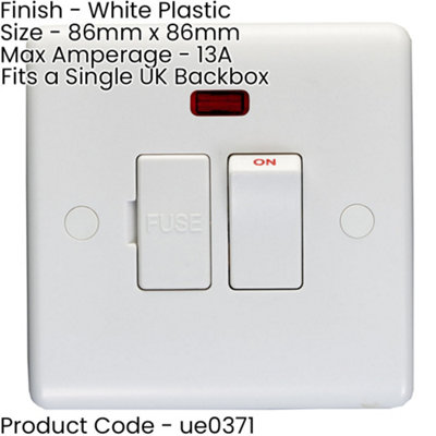 2 PACK 13A Switched Fuse Spur & Neon WHITE Mains Isolation Appliance ...