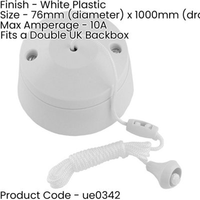 2 PACK 1m Pull Cord Ceiling Switch - 10A 230V - WHITE Bathroom Round ...
