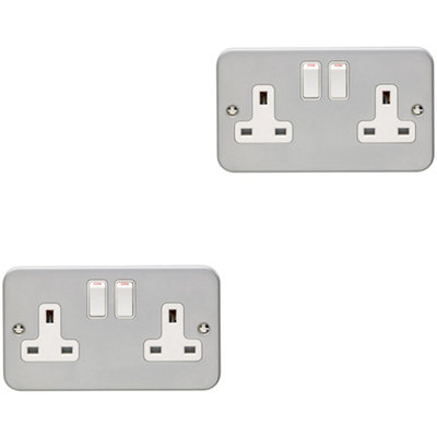 2 PACK 2 Gang Double 13A Switched UK Plug Socket HEAVY DUTY METAL CLAD ...