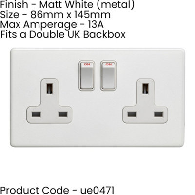 2 PACK 2 Gang Double DP 13A Switched UK Plug Socket SCREWLESS MATT ...