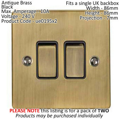 2 PACK 2 Gang Double Metal Light Switch ANTIQUE BRASS 2 Way 10A Black Trim