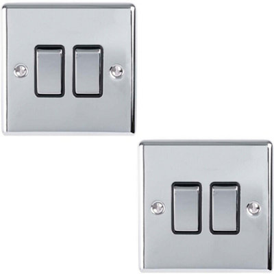 2 PACK 2 Gang Double Metal Light Switch POLISHED CHROME 2 Way 10A Black ...