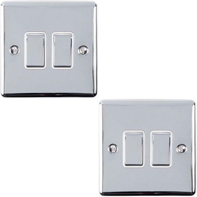 2 PACK 2 Gang Double Metal Light Switch POLISHED CHROME 2 Way 10A White ...