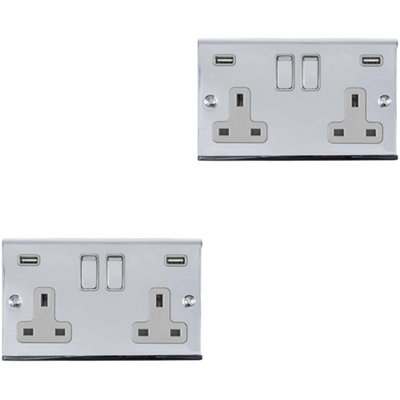 2 PACK 2 Gang Double UK Plug Socket & 2.1A USB-A CHROME & GREY 13A ...