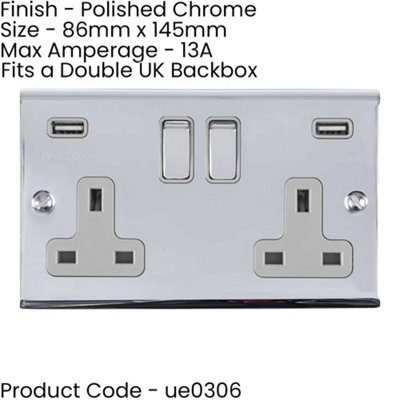 2 PACK 2 Gang Double UK Plug Socket & 2.1A USB-A CHROME & GREY 13A Switched
