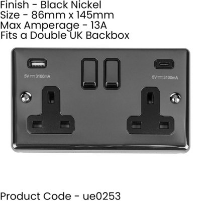 2 PACK 2 Gang Double UK Plug Socket & Dual 3.1A USB-C BLACK NICKEL 13A ...