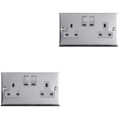 2 PACK 2 Gang Double UK Plug Socket POLISHED CHROME 13A Switched GREY ...