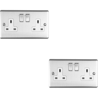 2 PACK 2 Gang Double UK Plug Socket SATIN STEEL & White 13A Switched ...