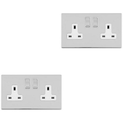 2 PACK 2 Gang DP 13A Switched UK Double Socket SCREWLESS POLISHED ...