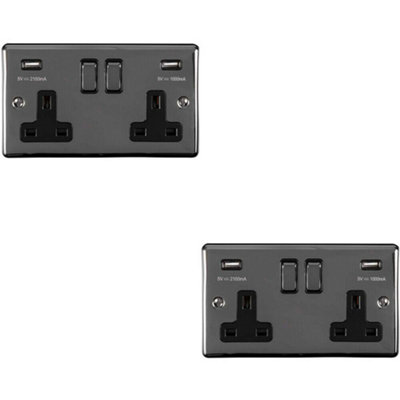 2 PACK 2 Gang Single UK Plug Socket & 2.1A USB BLACK NICKEL & Black 13A ...
