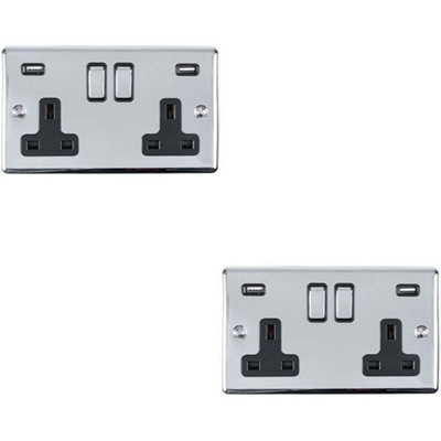 2 PACK 2 Gang Single UK Plug Socket & 2.1A USB CHROME & Black 13A Switched