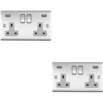 2 PACK 2 Gang Single UK Plug Socket & 2.1A USB SATIN STEEL & Grey 13A ...