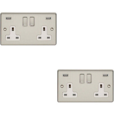 2 PACK 2 Gang Single UK Plug Socket & 2.1A USB SATIN STEEL & White 13A ...