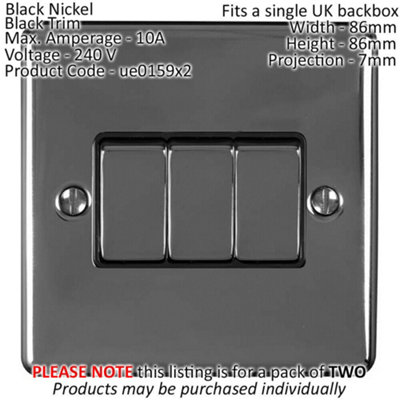 2 PACK 3 Gang Metal Triple Light Switch BLACK NICKEL 2 Way 10A Black Trim
