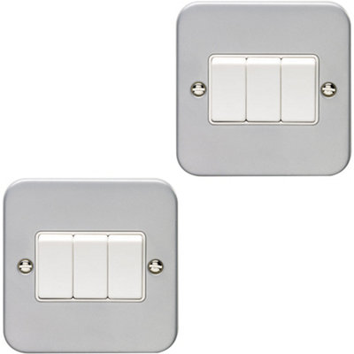 2 PACK 3 Gang Triple Light Switch 2 Way 10A HEAVY DUTY METAL CLAD ...