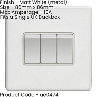 2 PACK 3 Gang Triple Light Switch SCREWLESS MATT WHITE 2 Way 10A Slim ...