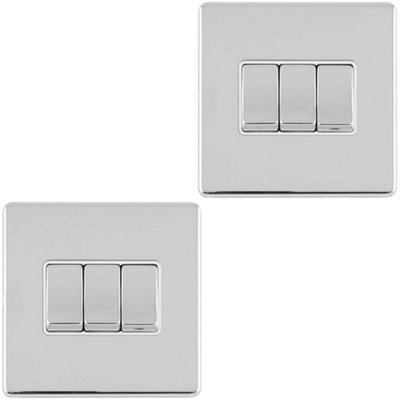 2 PACK 3 Gang Triple Light Switch SCREWLESS POLISHED CHROME 2 Way 10A ...