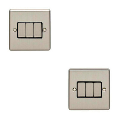 2 PACK 3 Gang Triple Metal Light Switch SATIN STEEL 2 Way 10A Black Trim