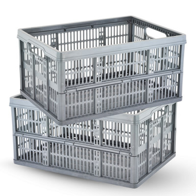 2 Pack 32 Litre Foldable Plastic Storage Crates Grey Collapsible ...